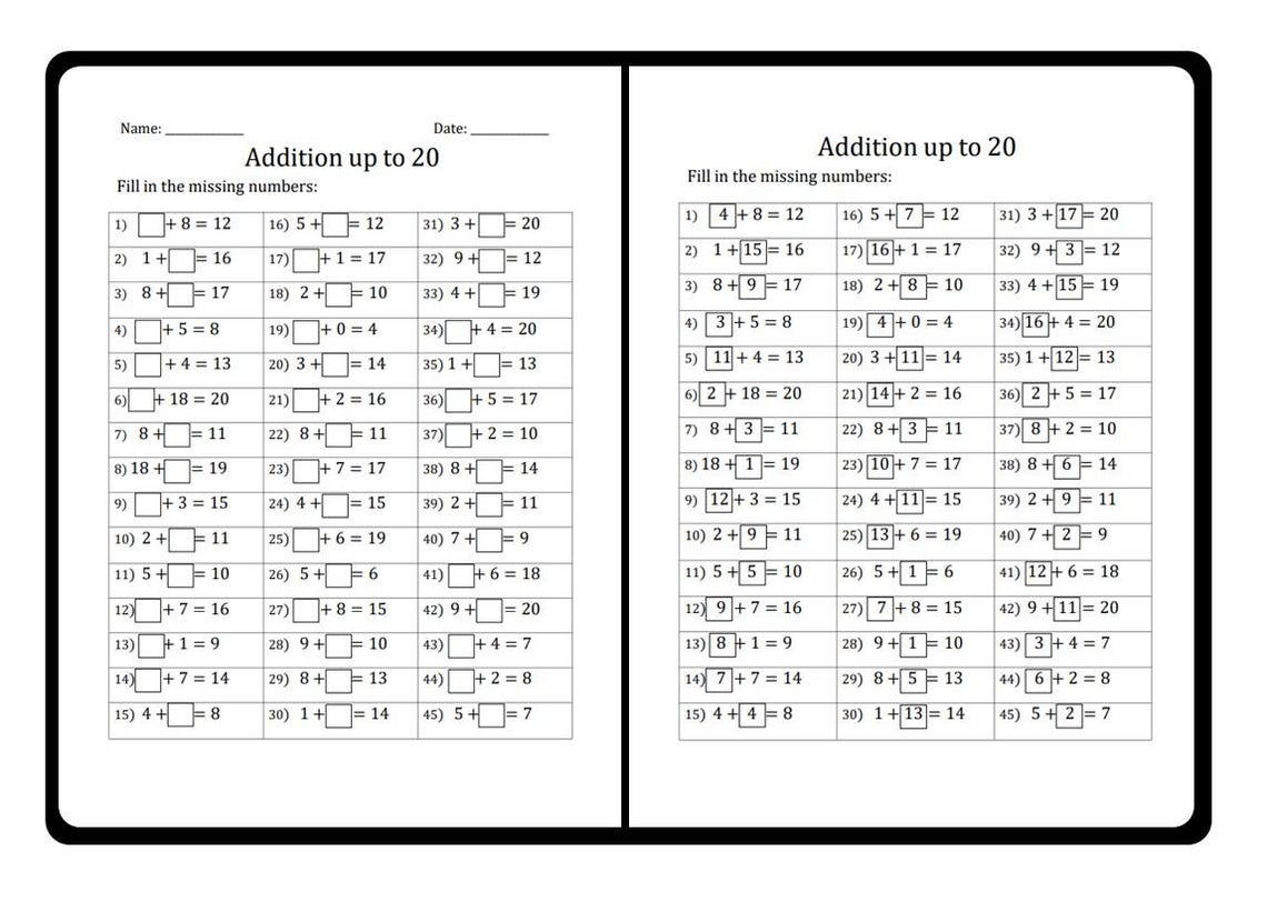 Adding Numbers Within 20 –fill in the Missing Numbers- 12 Worksheets ...