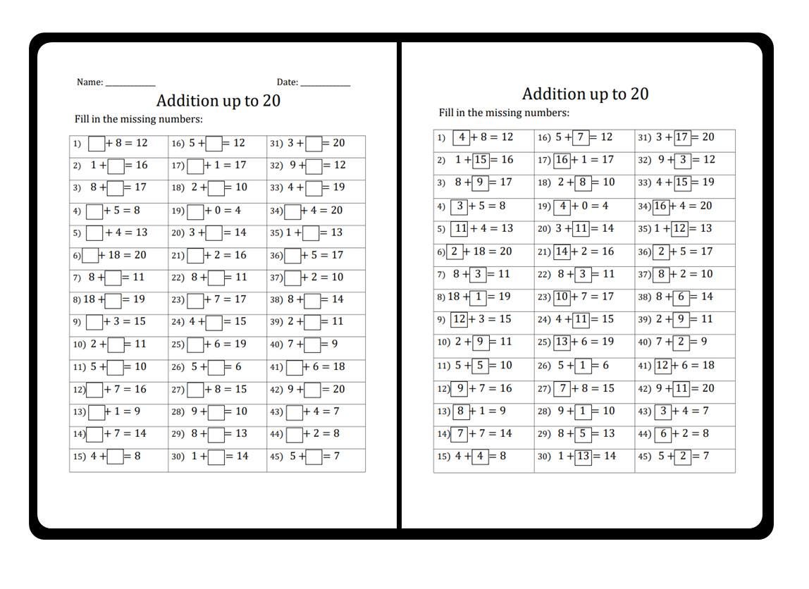 Adding Numbers Within 20 –fill in the Missing Numbers- 12 Worksheets ...