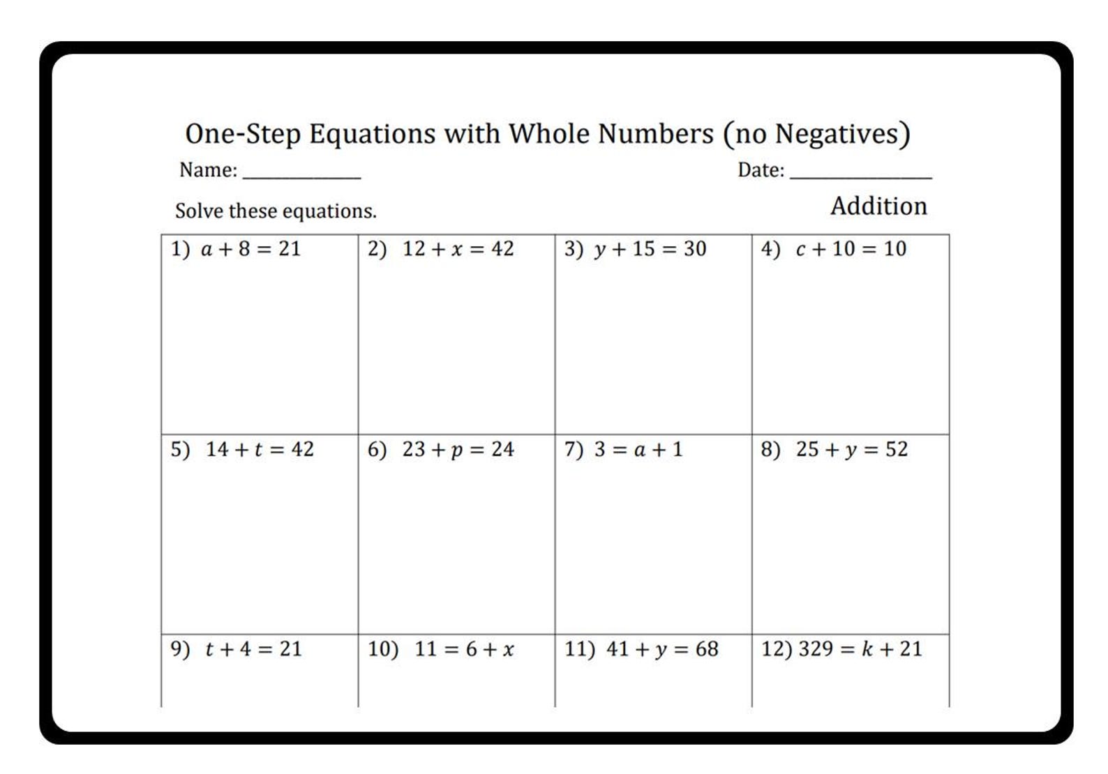 Worksheets of One-step Equations With Whole Numbers (no Negatives)-all ...