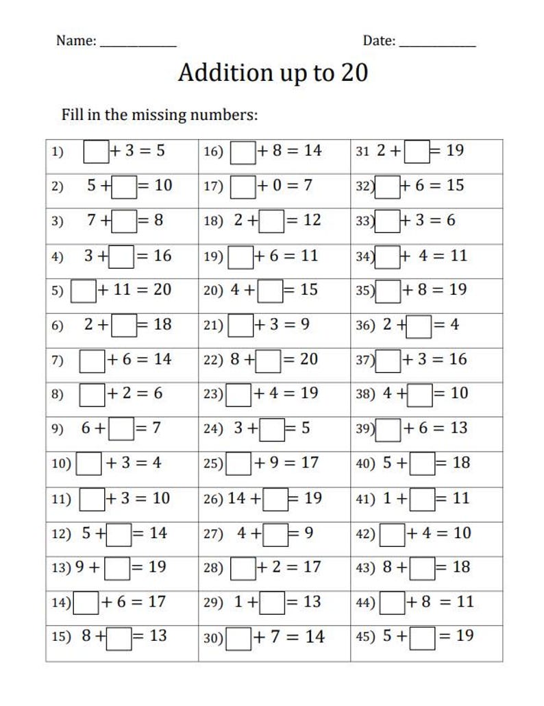 Adding Numbers Within 20 –fill in the Missing Numbers- 12 Worksheets ...