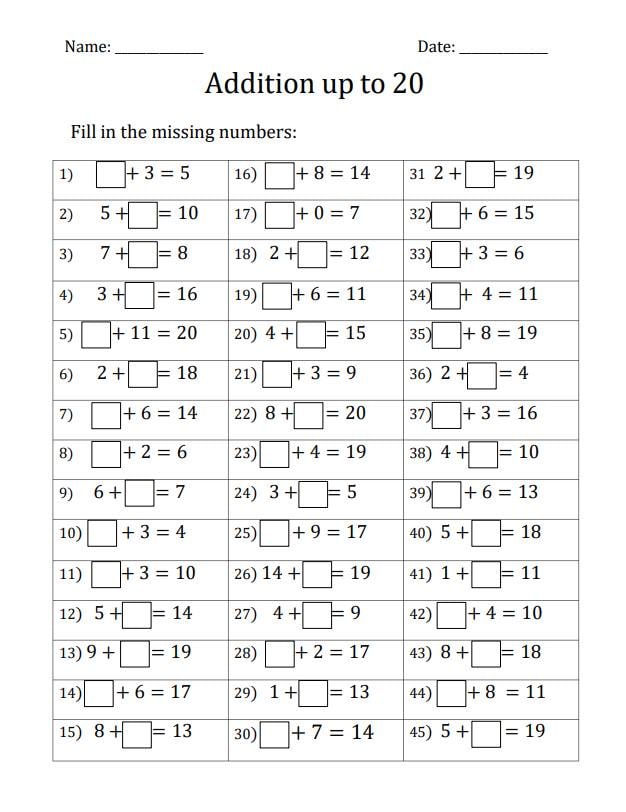 Adding Numbers Within 20 –fill in the Missing Numbers- 12 Worksheets ...