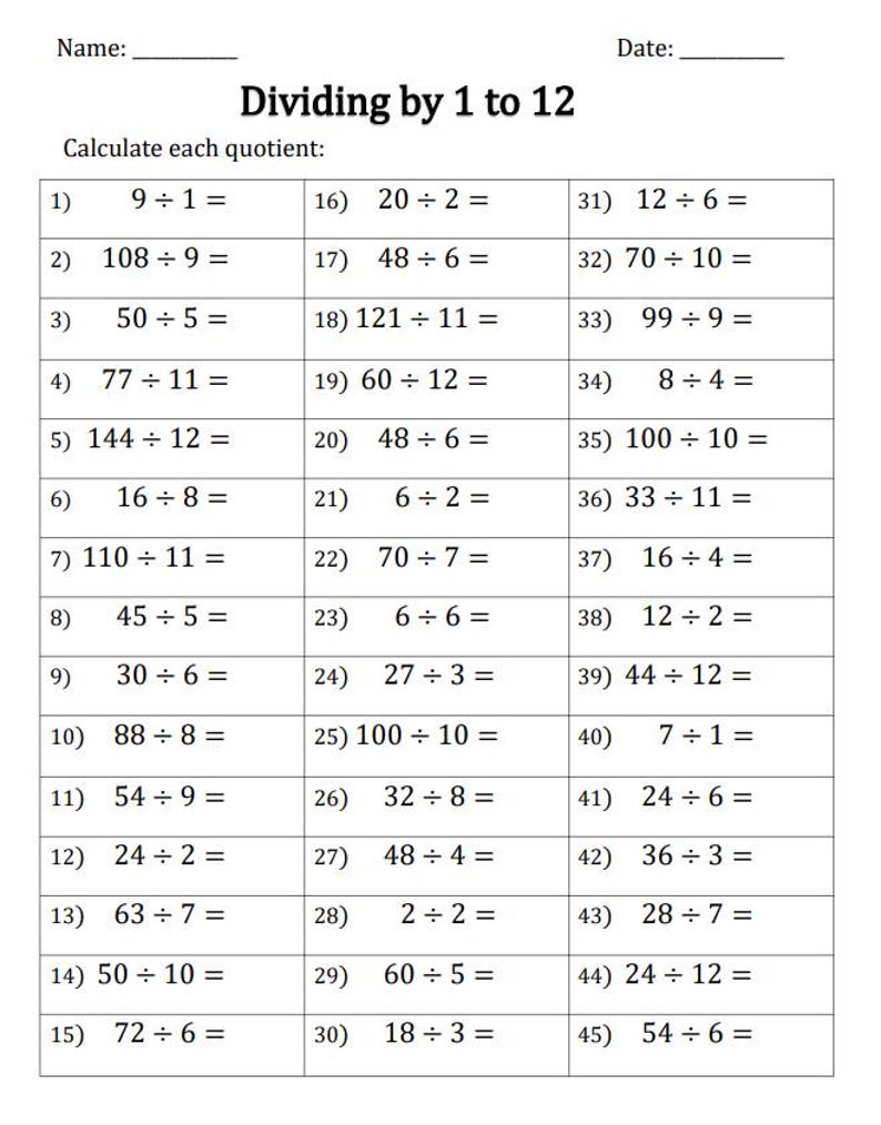 Dividing Numbers by 1-12 Worksheets - Etsy
