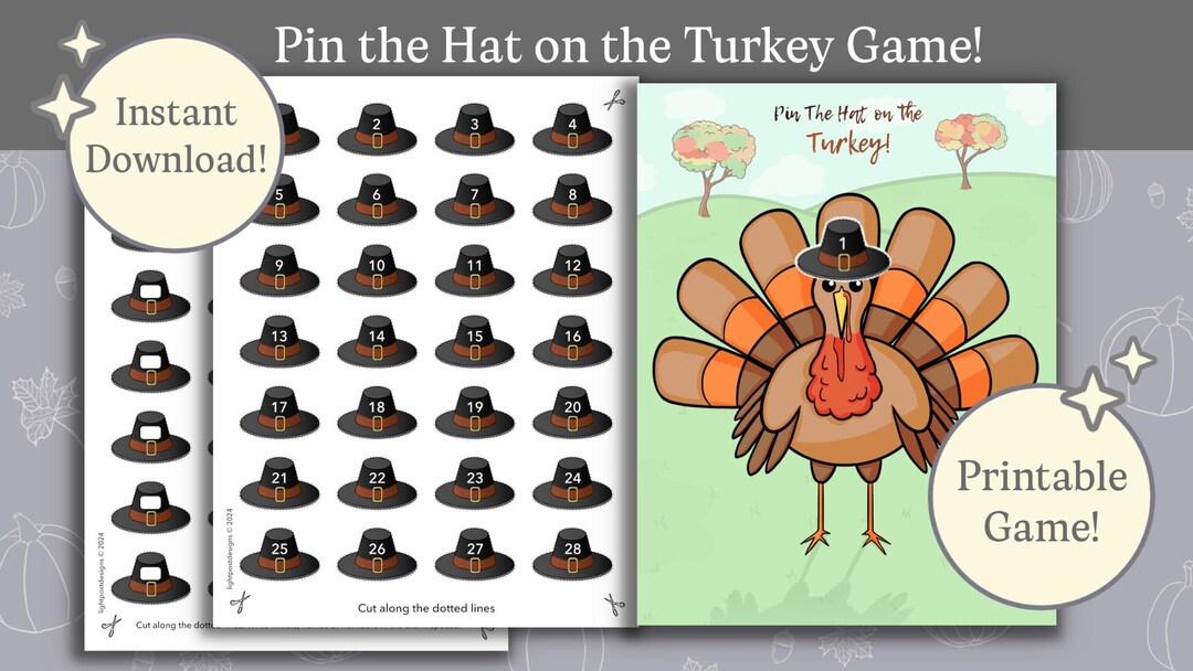 Digital Print Party Game - Thanksgiving Holiday! Pin the Hat on the ...