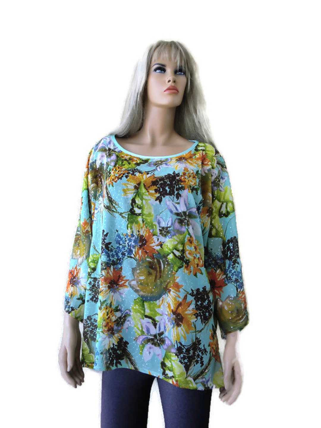 Floral Chiffon Blouse: Aqua Blue Green Kimono Sleeve Tunic - Etsy