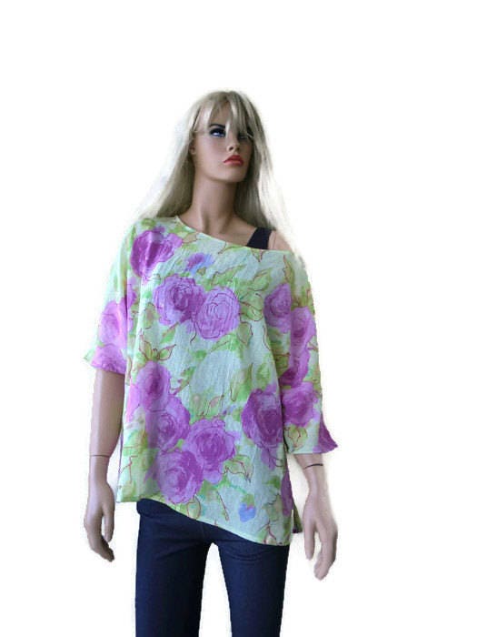 Floral Chiffon Blouse: Aqua Blue Green Kimono Sleeve Tunic - Etsy
