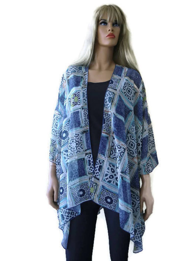 Denim Blue Boho Kimono Cardigan-patchwork Print Kimono-chiffon Ruana ...