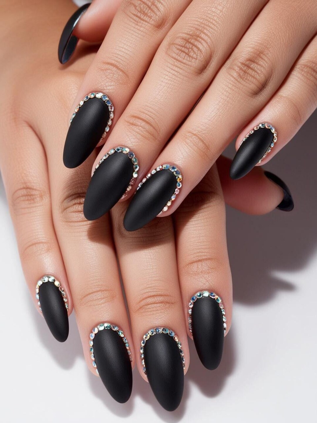 Matte Black Nails With Asymmetric Rhinestone Accents | Modern Chic ...