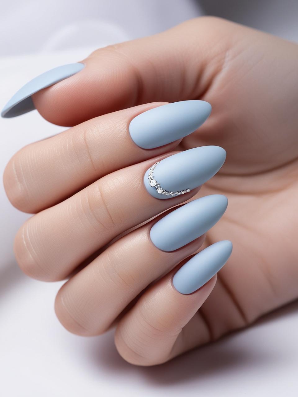 Matte Sky Blue Nails – Chic Swirl Diamond Accent for Elegant Simplicity ...