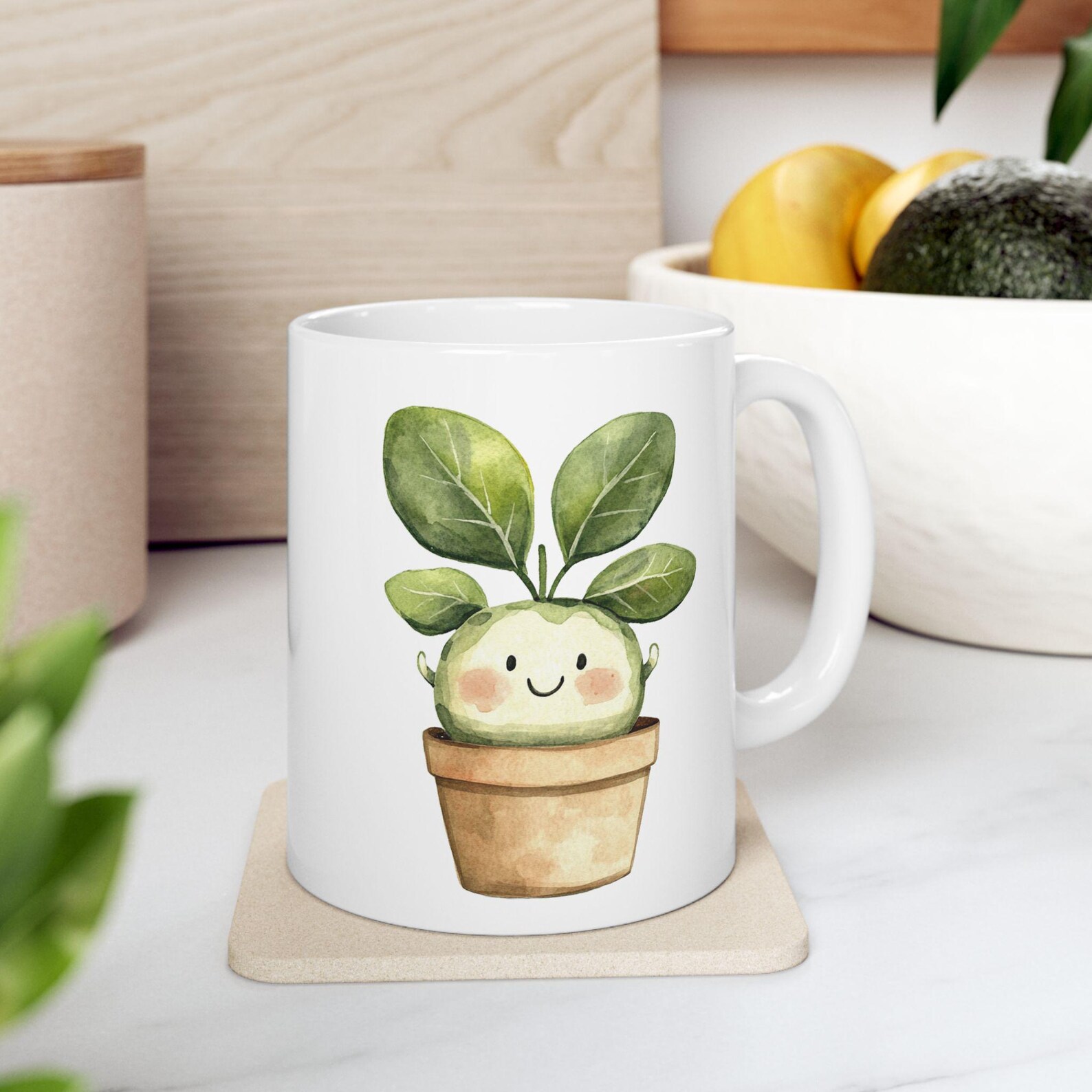 Smiling Potted Plant Ceramic Mug, Cute Cartoon Plant Coffee Cup, Plant ...