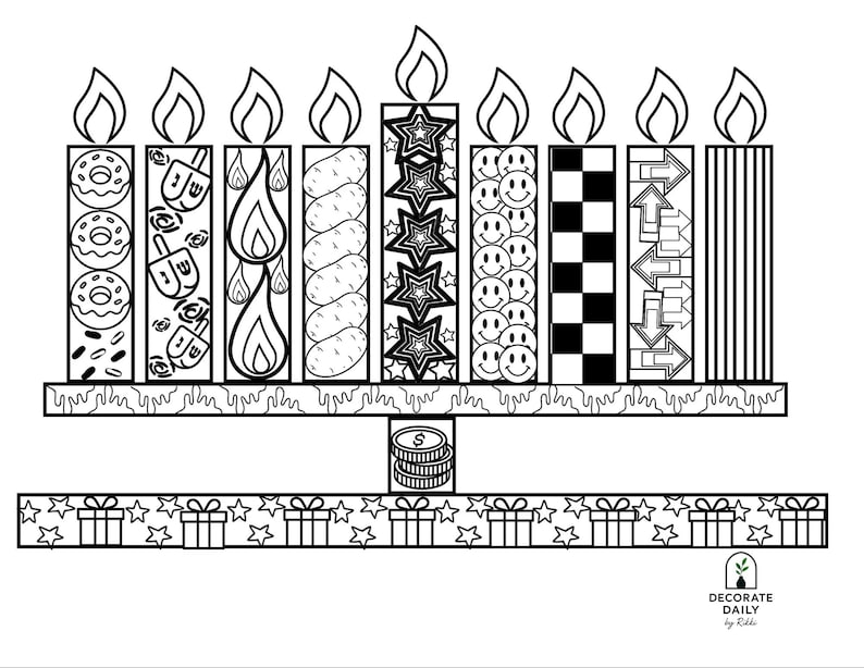 Hannukah / Chanukah Coloring Page | Patterned Menorah (printable) - Etsy
