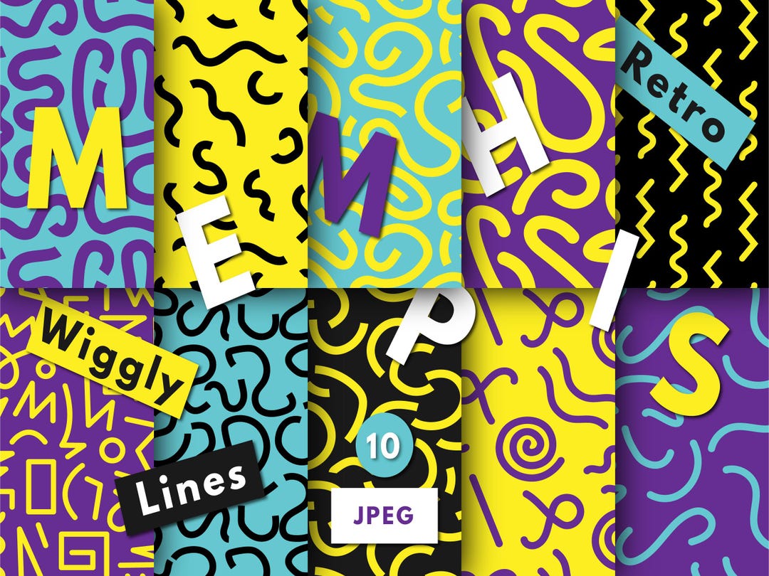 Colorful Squiggle & Wiggle Lines Digital Paper Patterns – Memphis-style ...