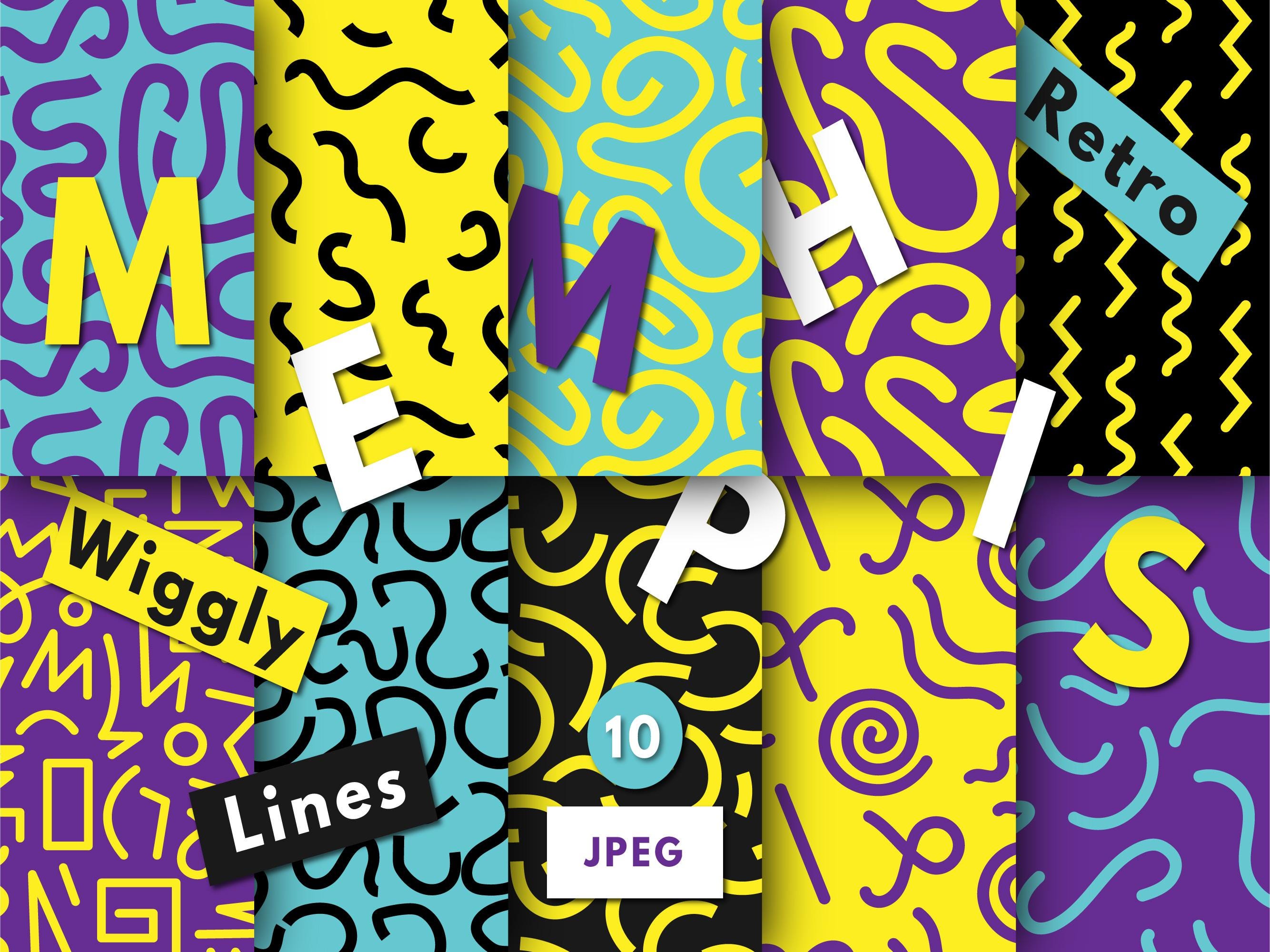 Colorful Squiggle & Wiggle Lines Digital Paper Patterns – Memphis-style ...