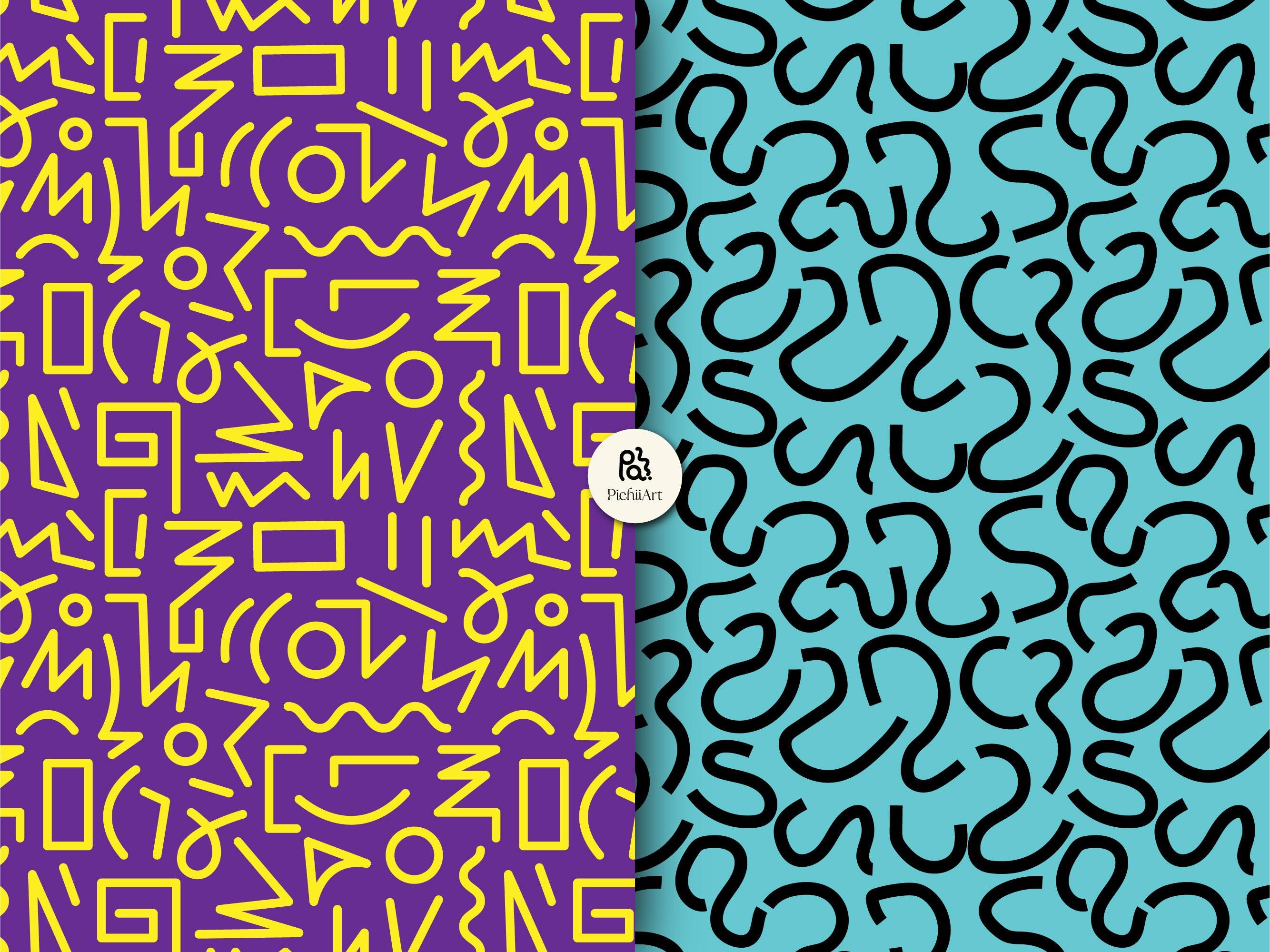 Colorful Squiggle & Wiggle Lines Digital Paper Patterns – Memphis-style ...