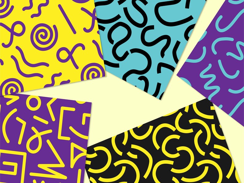Colorful Squiggle & Wiggle Lines Digital Paper Patterns – Memphis-style ...