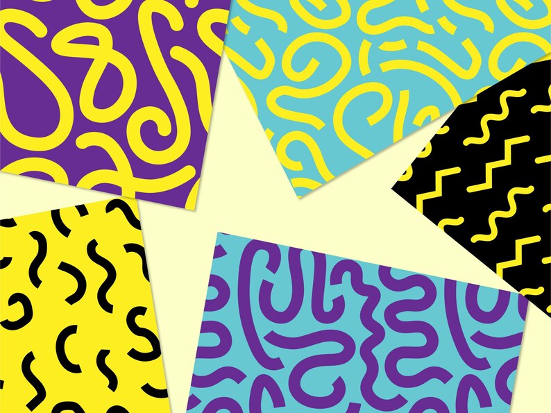 Colorful Squiggle & Wiggle Lines Digital Paper Patterns – Memphis-style ...