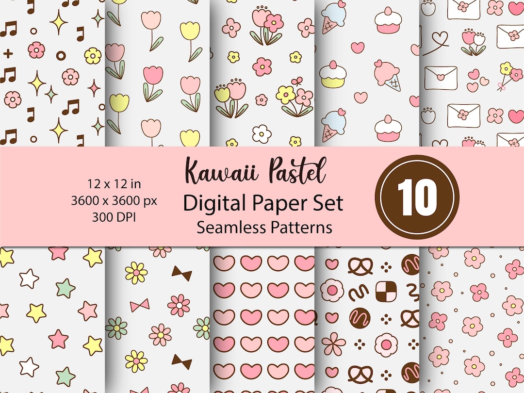 Kawaii Pastel Seamless Pattern Pack – Cute Flowers, Hearts, Sweets ...
