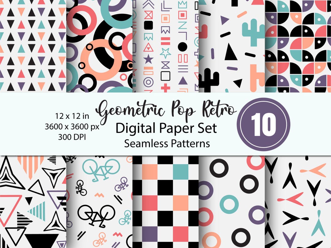 Geometric Shapes Pop Retro Digital Papers, Colorful Seamless Patterns ...