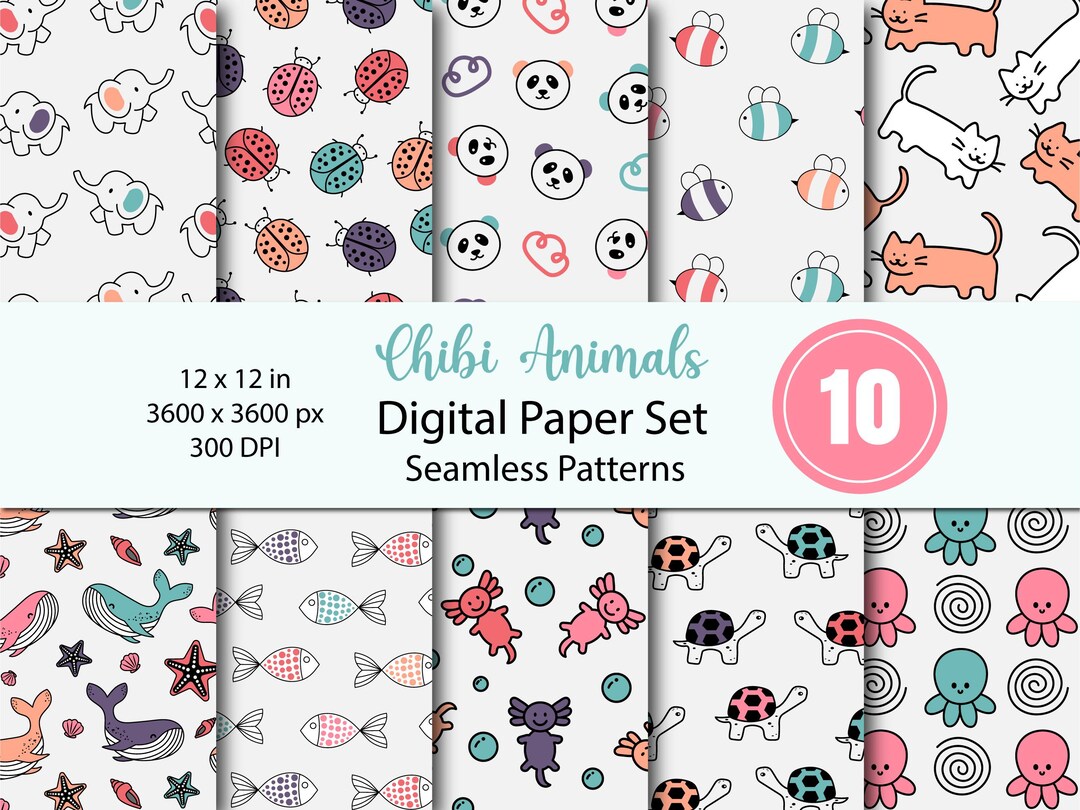 Animal Chibi Cute Characters, Digital Paper Pack, Seamless Pattern ...