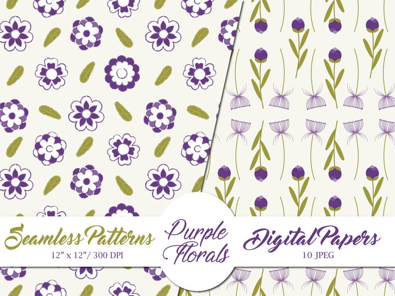 Purple Floral Digital Paper, Seamless Flower Patterns, Watercolor ...