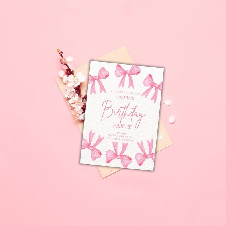 Watercolour Pink Bow Birthday Invitation Coquette Girls Party ...
