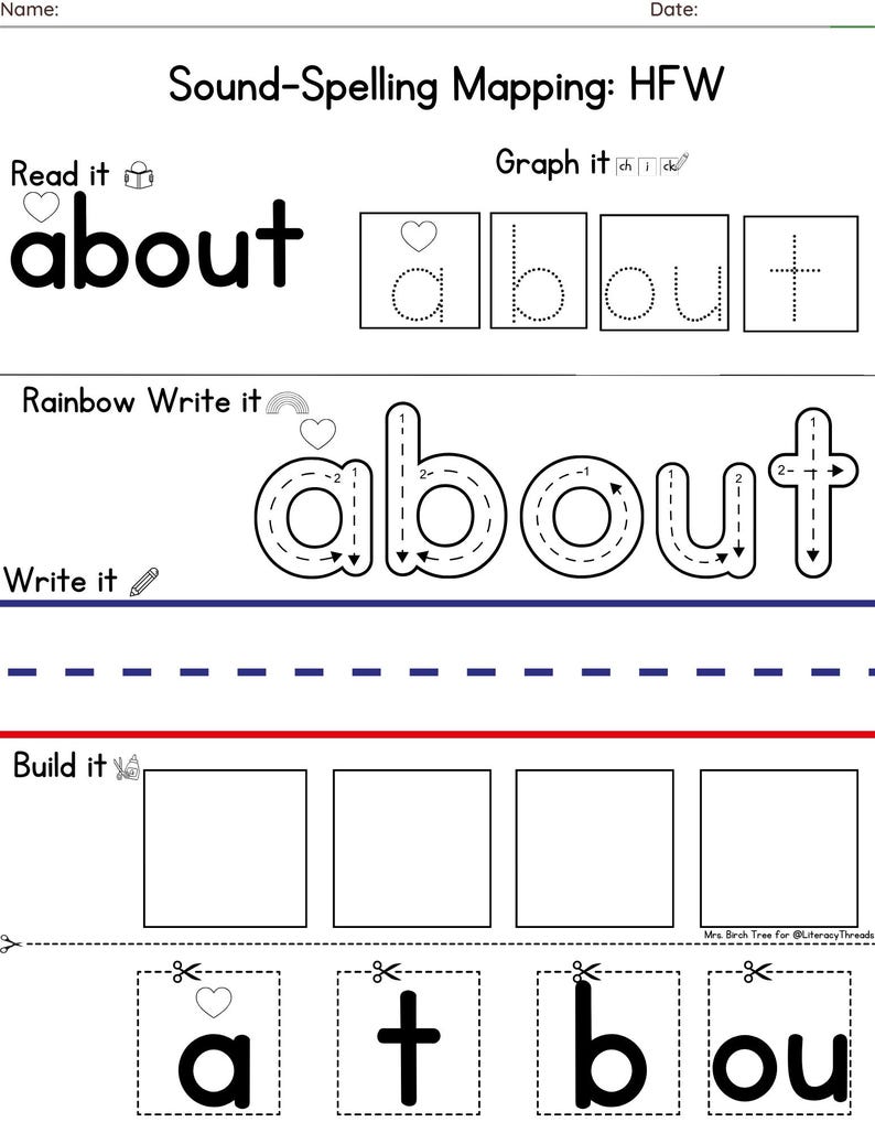 High Frequency Sight Word Worksheets ABC Order Phoneme Grapheme Mapping ...