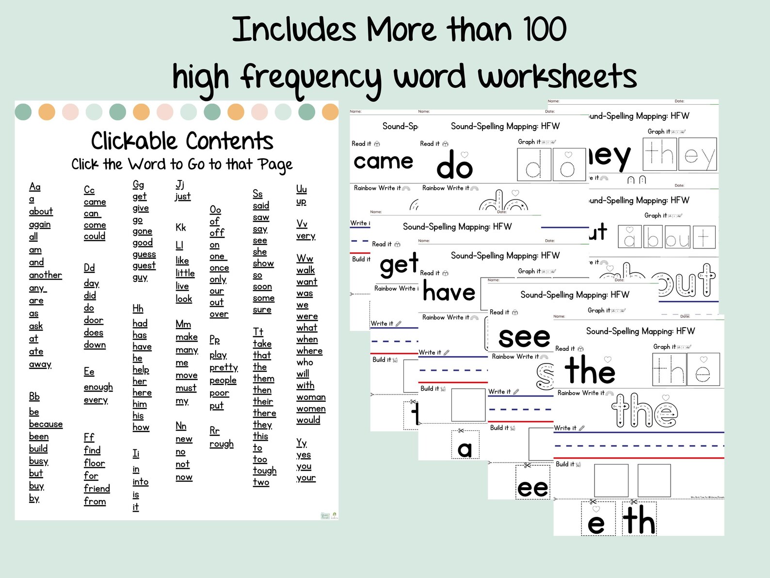High Frequency Sight Word Worksheets ABC Order Phoneme Grapheme Mapping ...