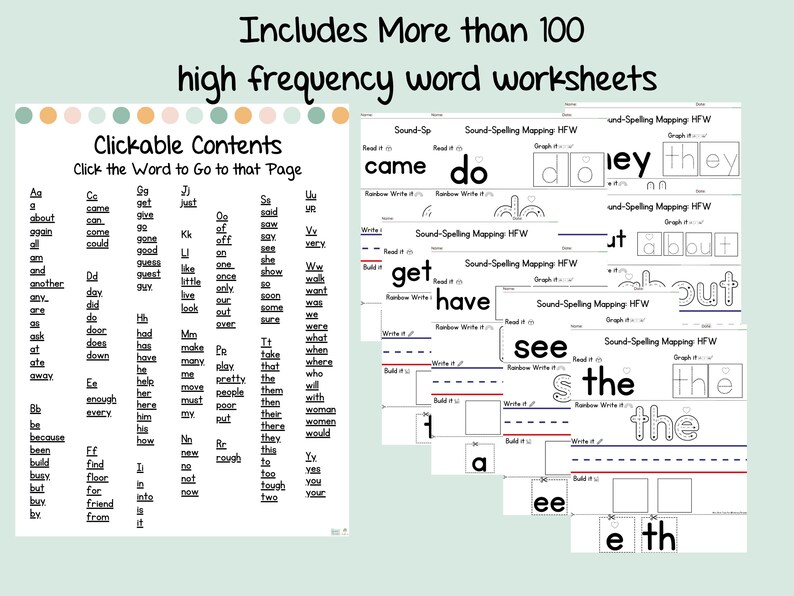 High Frequency Sight Word Worksheets ABC Order Phoneme Grapheme Mapping ...