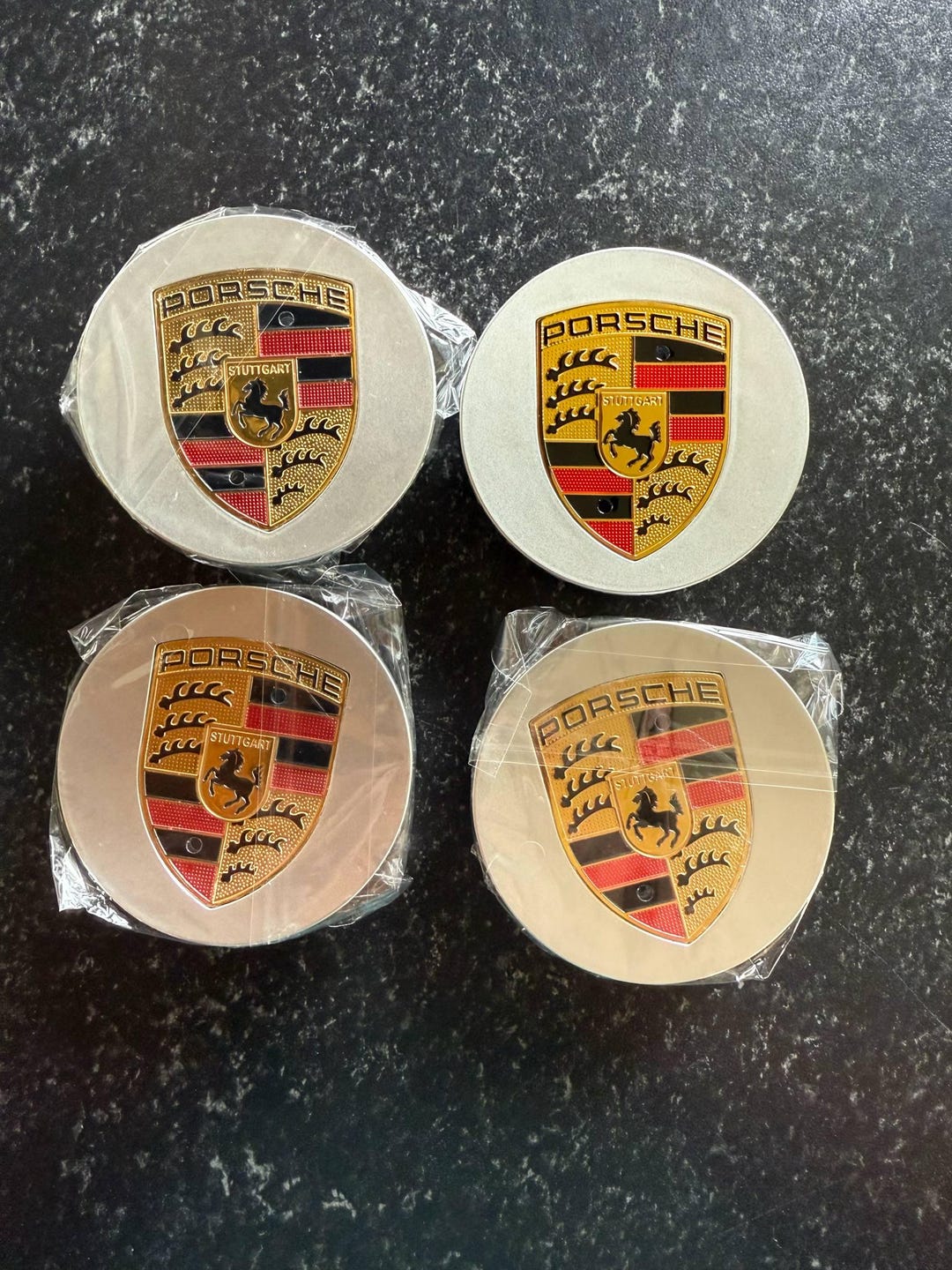 Set of 4 Porsche 76mm Wheel Center Caps – Silver With Gold Crest | Fits ...