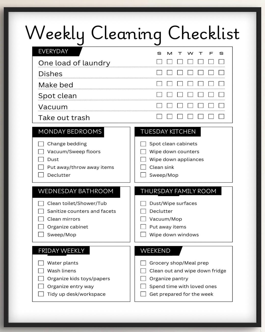 Cleaning Checklist Weekly Schedule Good House Keeping Weekly Chores ...