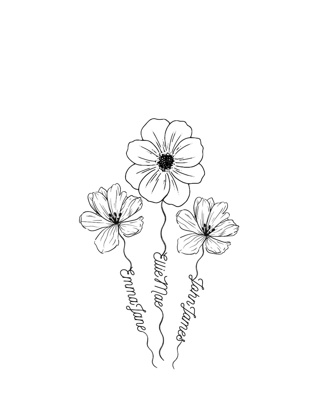 Family Birth Flower Bouquet, Custom Black and White Birth Month Flower ...