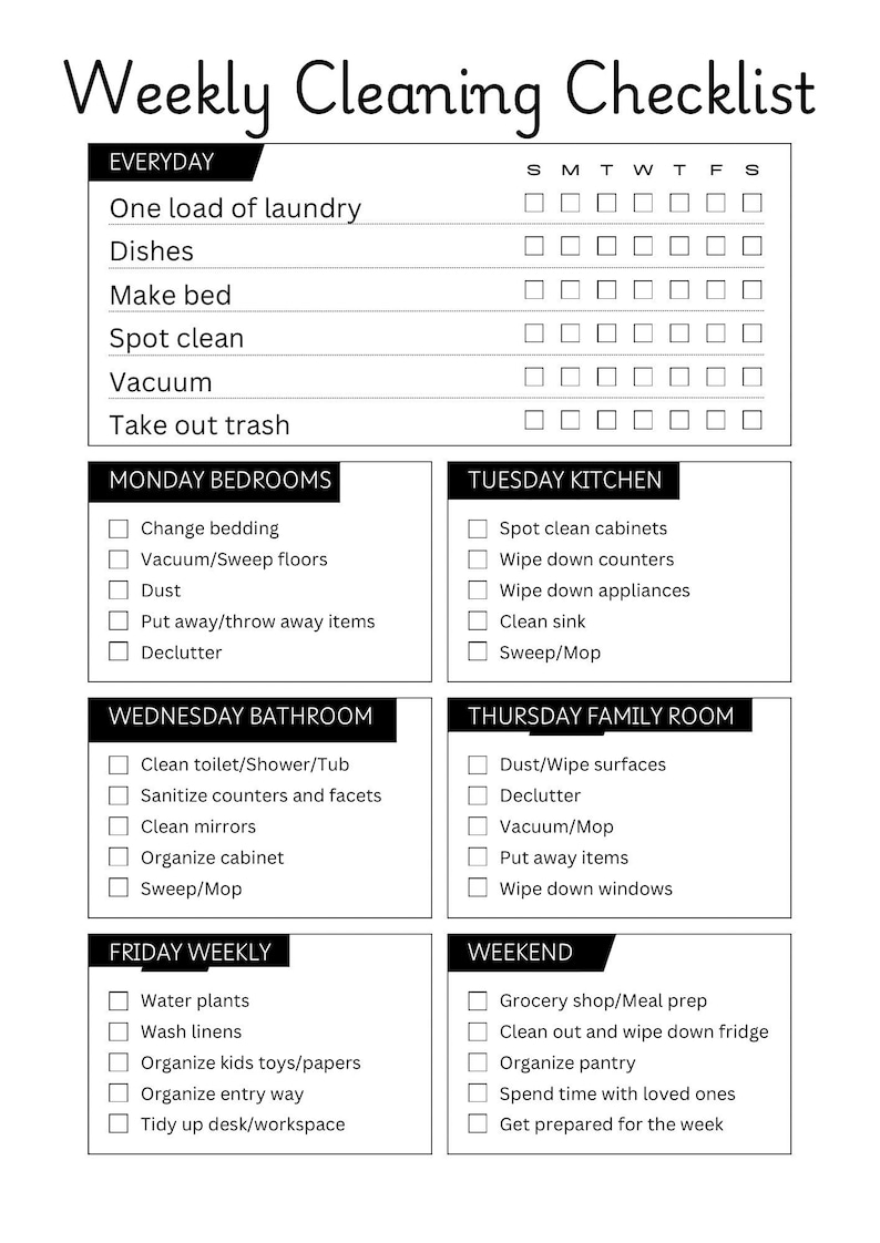 Cleaning Checklist Weekly Schedule Good House Keeping Weekly Chores ...