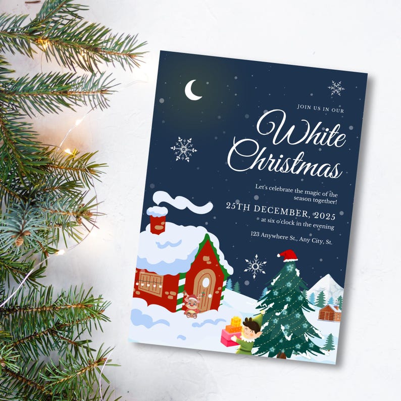 White Christmas Invitation Template, Editable Christmas Invitation ...