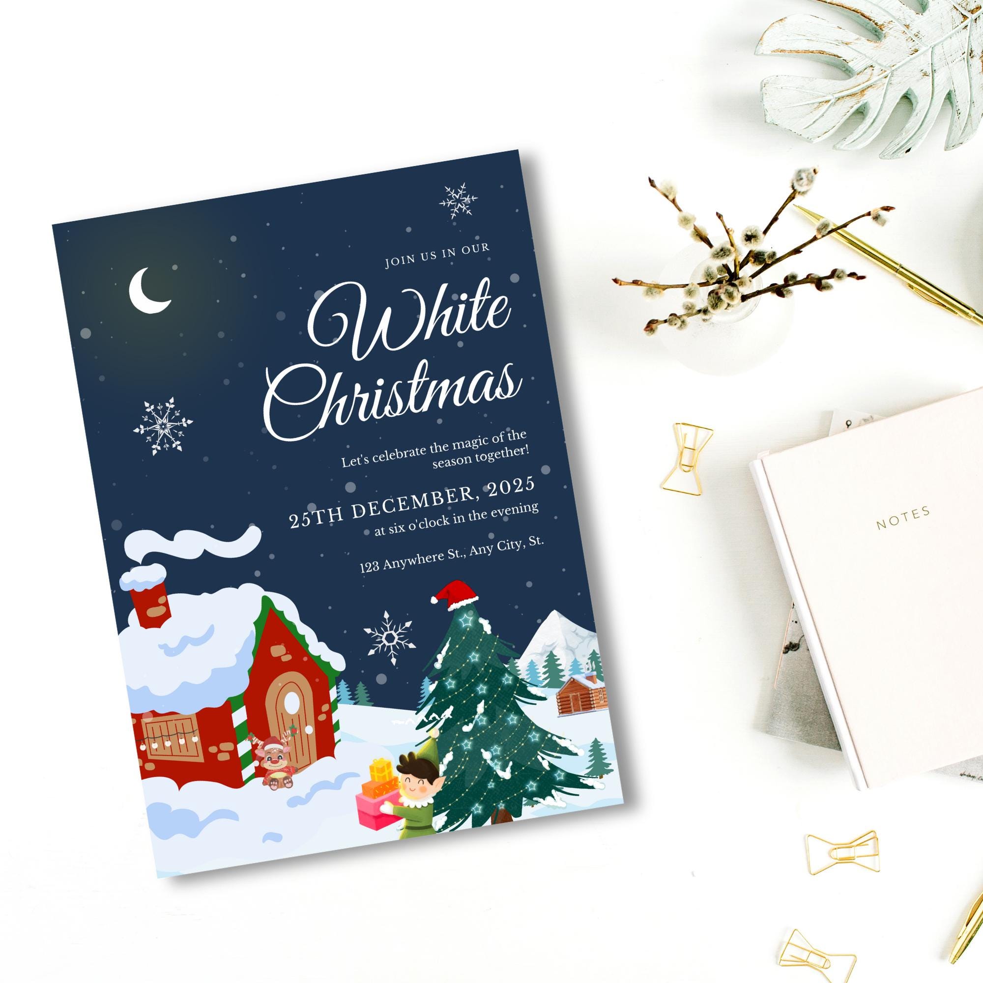White Christmas Invitation Template, Editable Christmas Invitation ...