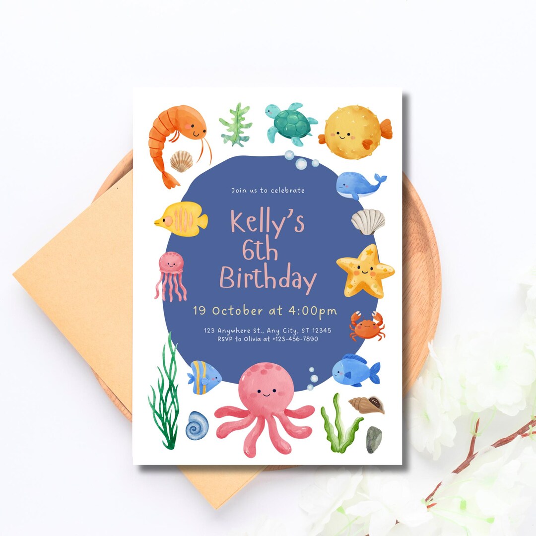 Cute Sea Creatures Birthday Invitation Template, Editable Birthday ...