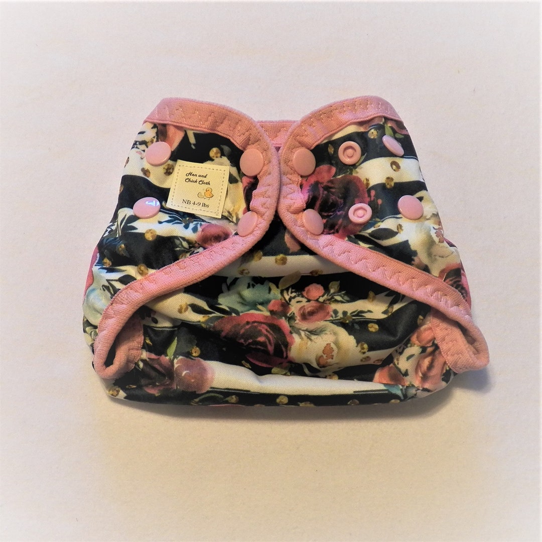 Newborn PUL Diaper Cover With Leg Gussets- 4 to 9 Pounds- Roses on Navy ...
