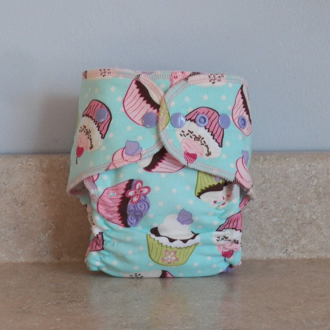 Fitted Small Cloth Diaper- 6 to 12 Pounds- Cupcakes on Light Blue (inv ...