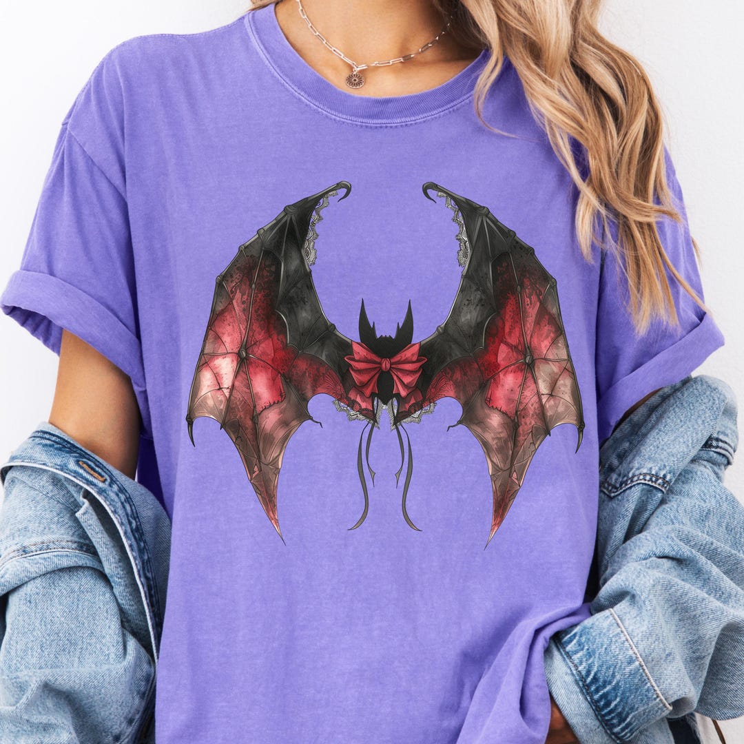 Gothic Bat Wings Shirt: Dark Lace Red Bow Halloween Tee - Etsy