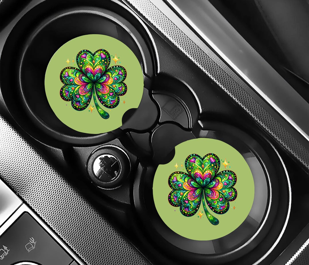 St Patrick Lucky Clover Leaf Car Coasters- Lucky Car Cup Holder Coaster ...