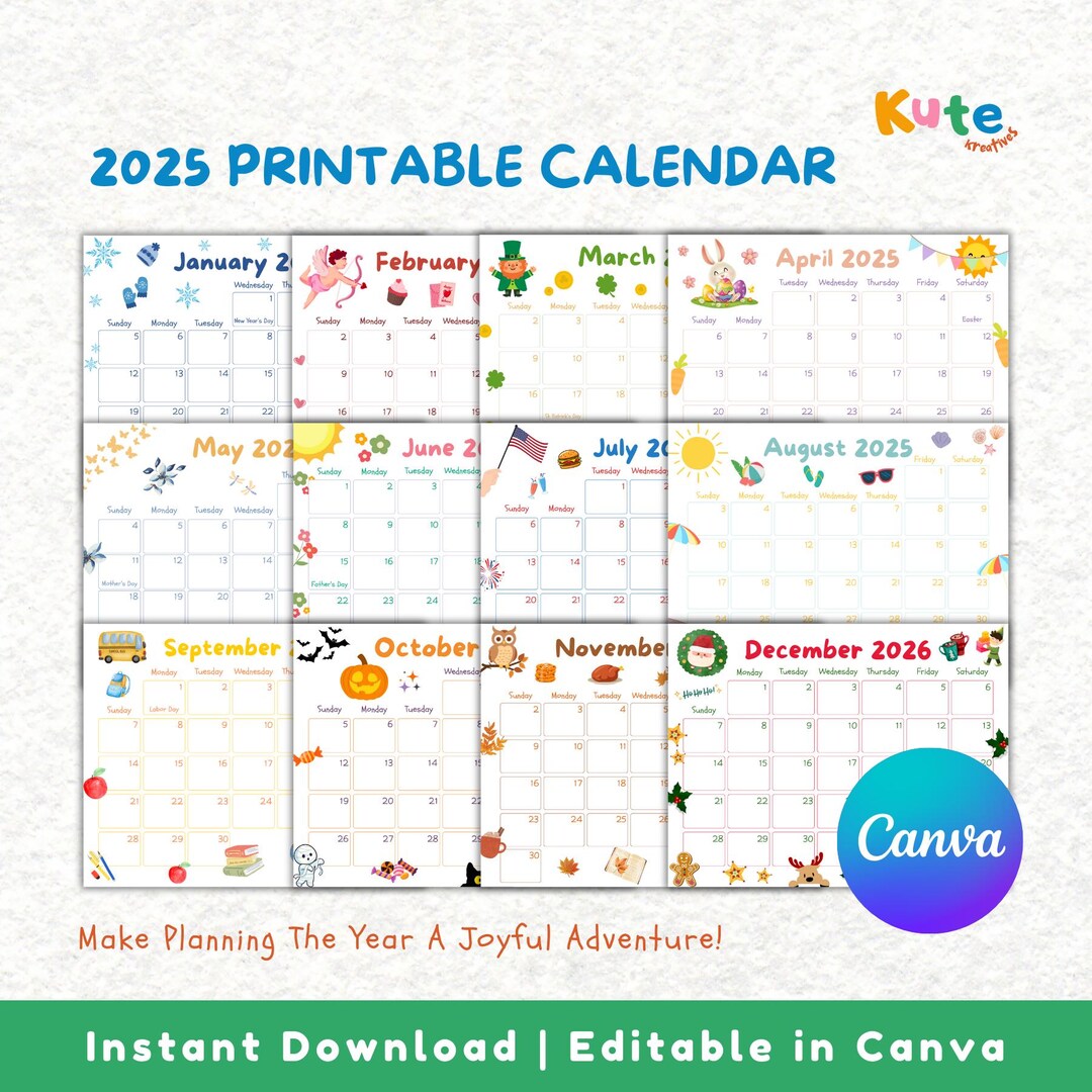 2025 Kids Calendar Printable - Editable Wall Planner, Homeschool Kids ...