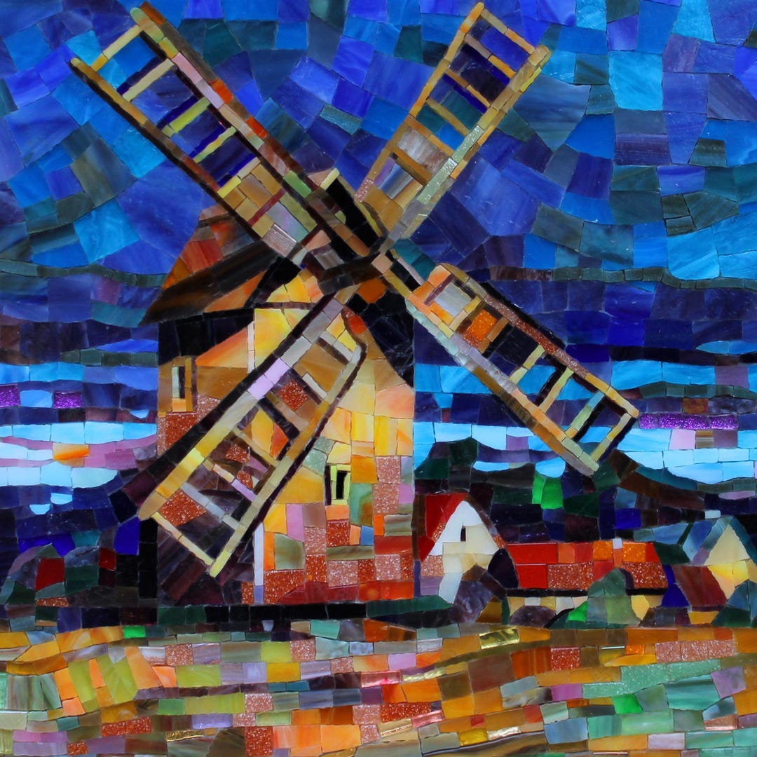 Stained Glass Mosaic Old Mill - Handmade Rustic Wall Art, Nature ...