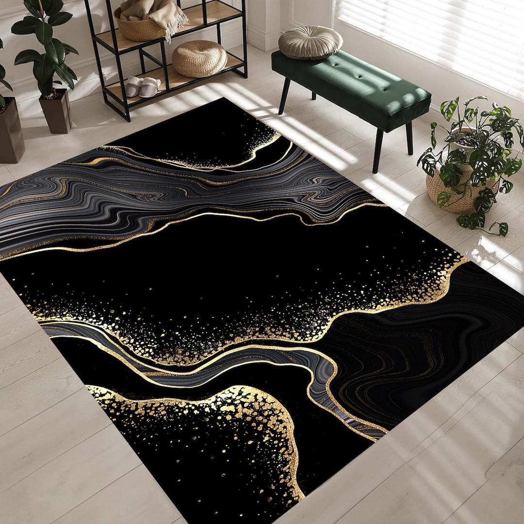 Luxury Black and Gold Rug, Abstract Marble Rug, Elegant Floor Mat ...