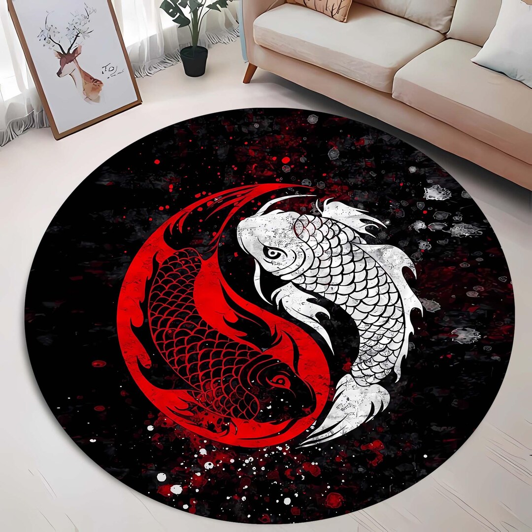 Yin Yang Koi Fish Rug, Japanese Koi Carp Carpet, Zen Round Floor Mat ...