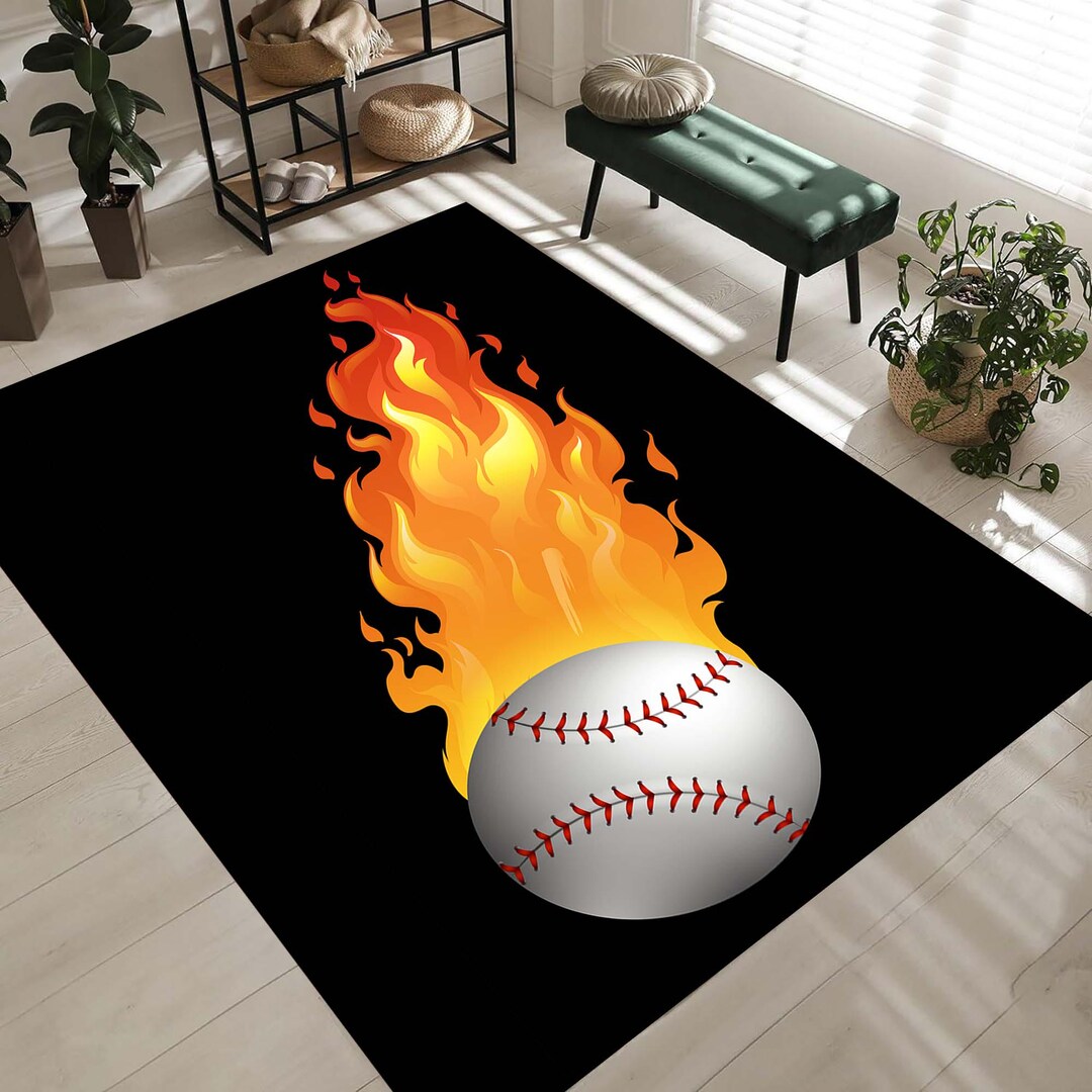 Baseball Rug, Sports Room Decor, Fire Baseball Carpet, Gamer Room Mat ...