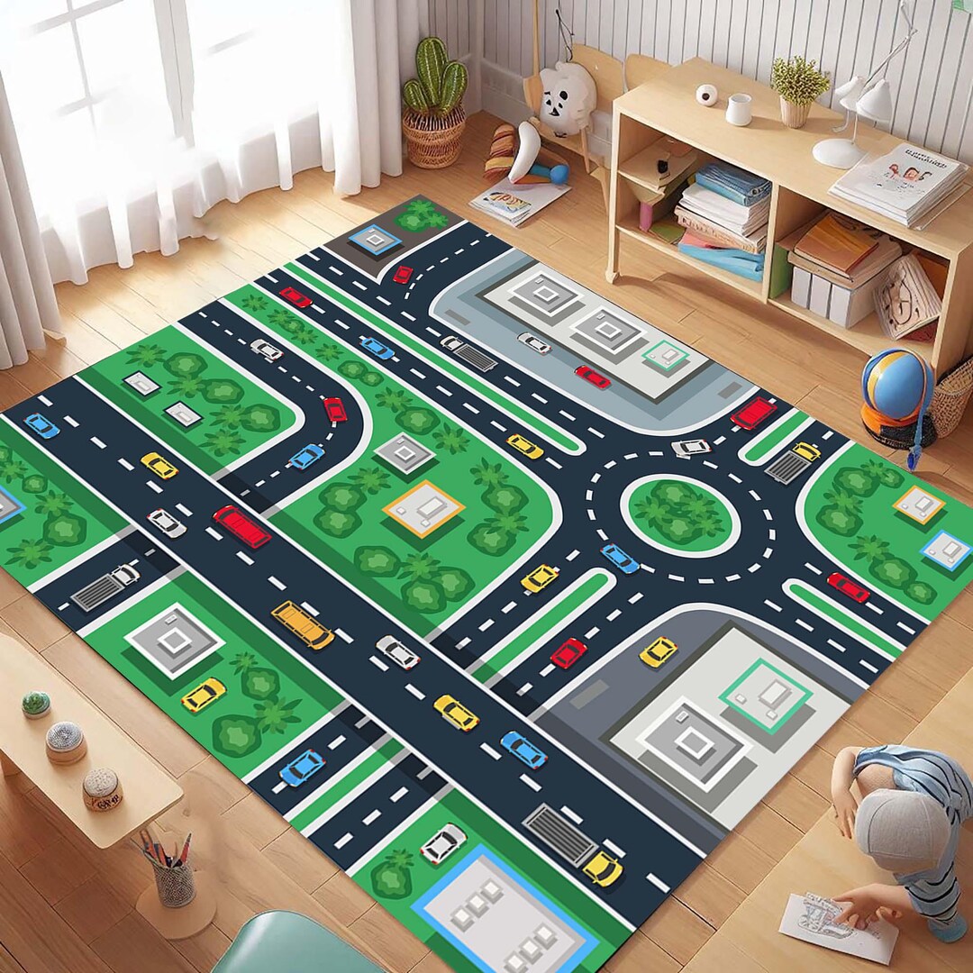 Kids Play Rug, Car Track Mat, Road Map Carpet, Playroom Rug, Non-slip ...