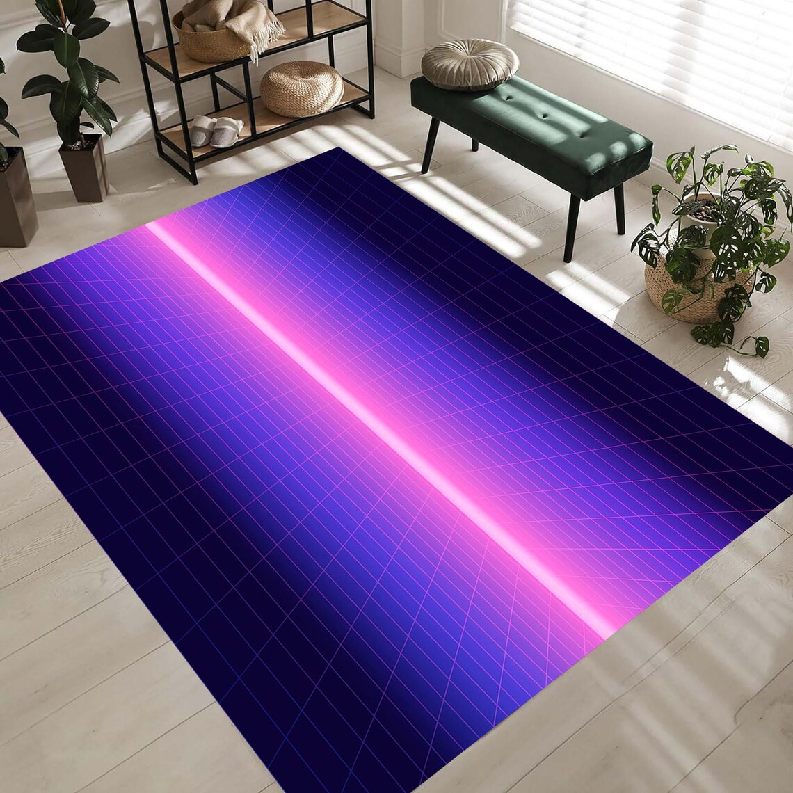 Retro Futuristic Rug, 80s Grid Carpet, Neon Aesthetic Mat, Vaporwave ...