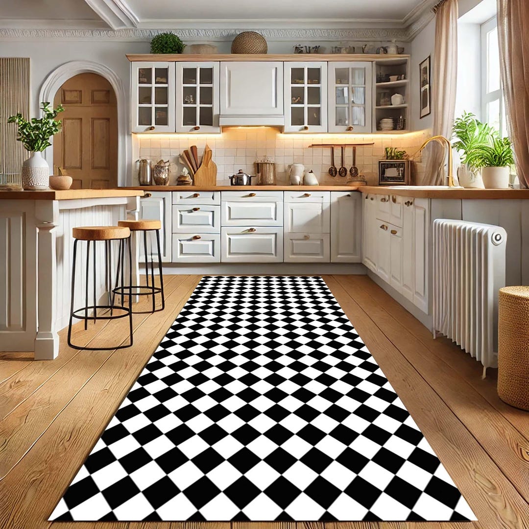 Checkered Runner Rug, Black and White Hallway, Modern Geometric Home ...