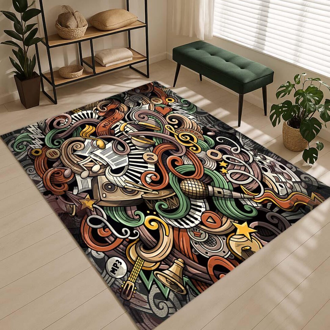 Music Art Rug, Musical Carpet, Funky Music Decor, Colorful Music Rug ...