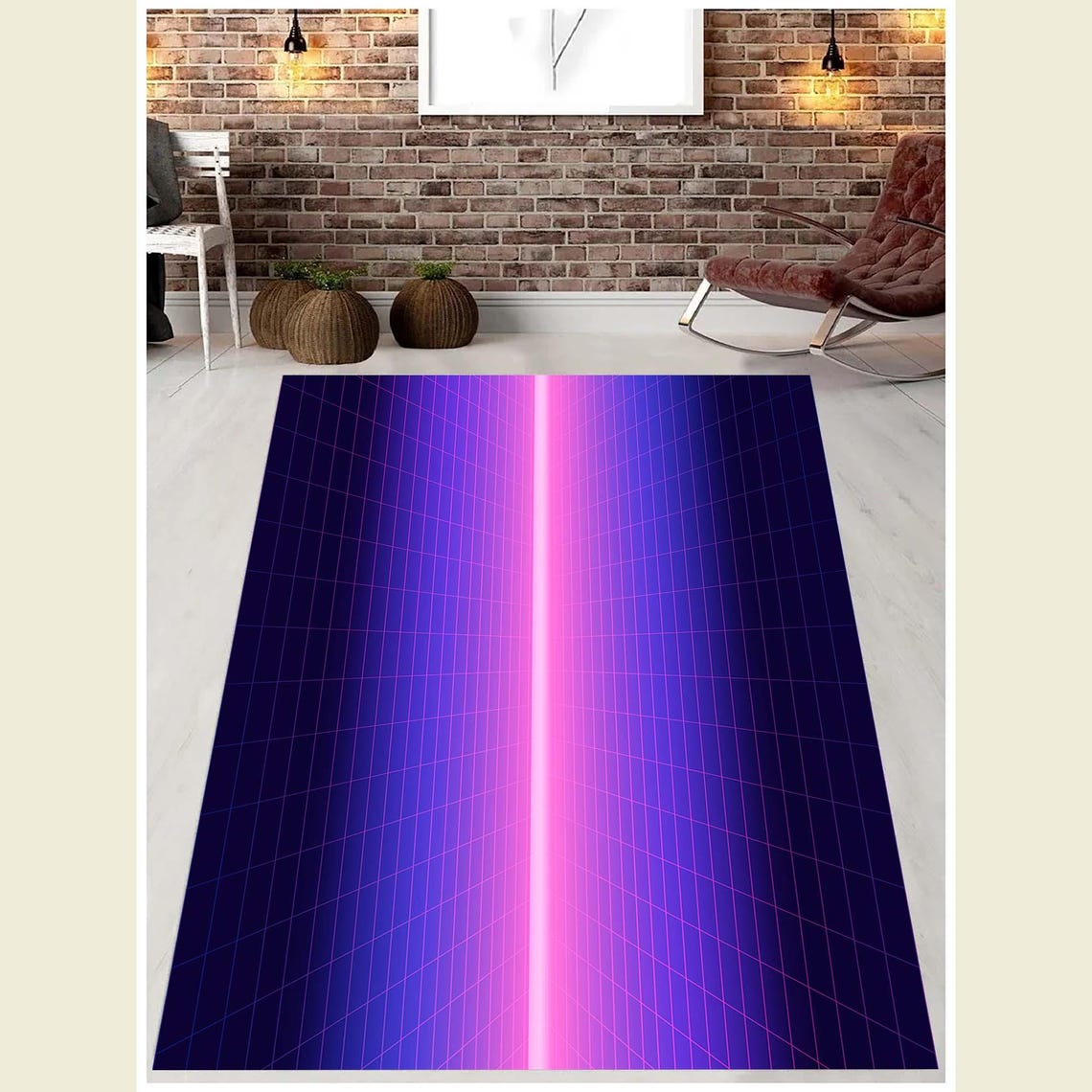 Retro Futuristic Rug, 80s Grid Carpet, Neon Aesthetic Mat, Vaporwave ...