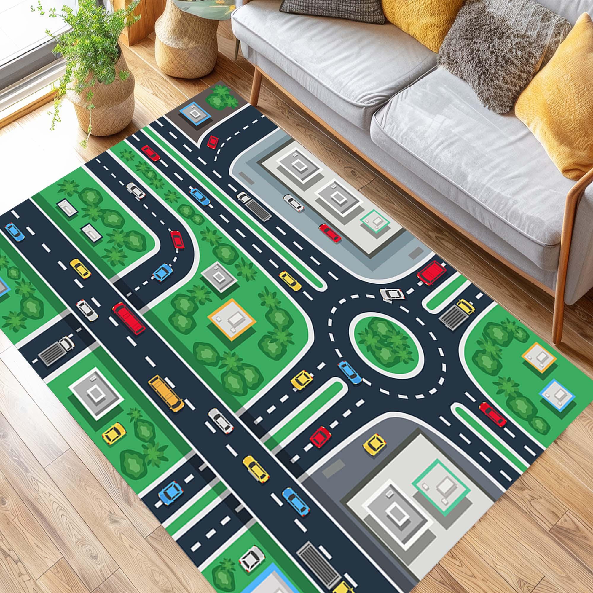 Kids Play Rug, Car Track Mat, Road Map Carpet, Playroom Rug, Non-slip ...