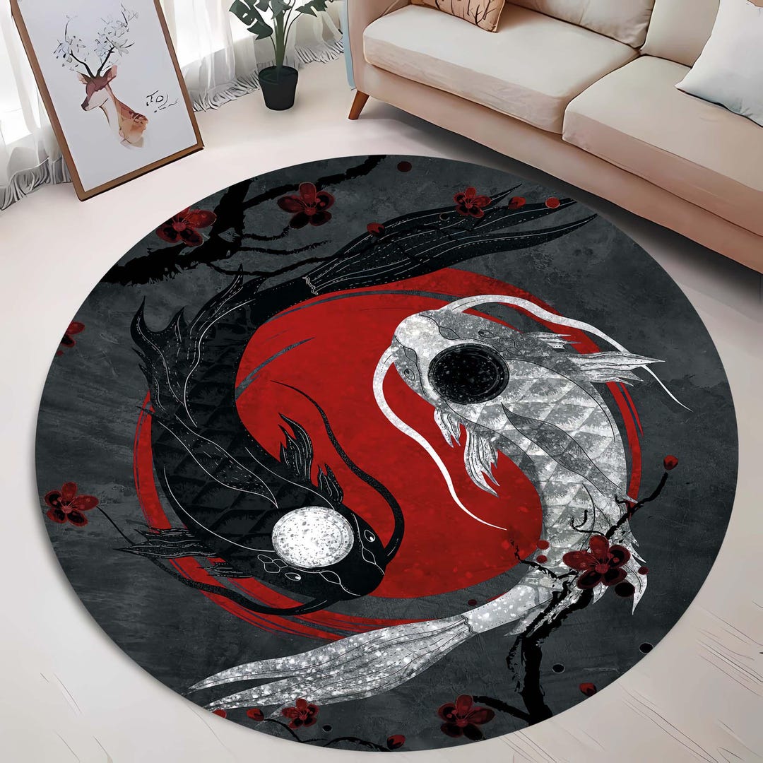 Round Koi Fish Rug, Yin Yang Carp Carpet, Japanese Zen Home Decor, Soft ...
